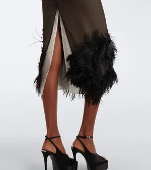 Attico Feather-trimmed Striped Midi Skirt