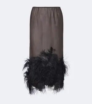 Attico Feather-trimmed Striped Midi Skirt - Black