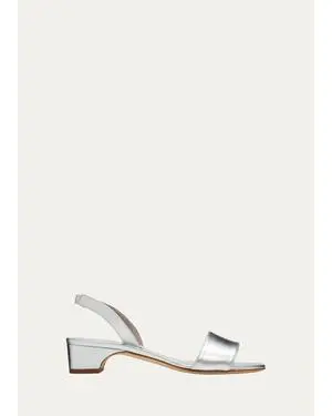 Manolo Blahnik 30mm Patobarnu Metallic Leather Slingback Sandals - Silver
