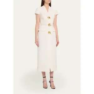 Oscar De La Renta Cap-sleeve Slub Tweed Buttoned Midi Day Dress