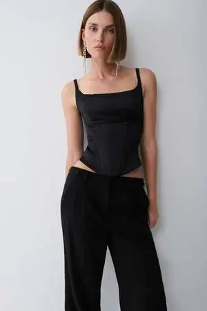Meshki Melina Satin Peplum Corset Top - Black