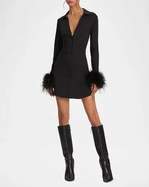 Alice + Olivia Freya Feather-cuff Mini Shirtdress - Black