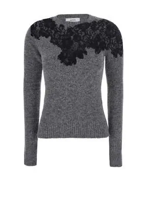 JUCCA Lace-trim Round Neck Sweater With Straight Hem - Grey