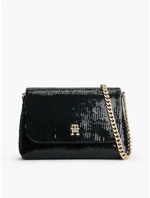 Tommy Hilfiger Monogram Sequined Flap Crossbody Bag - Black