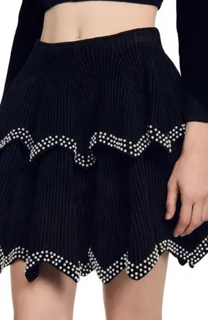 Sandro Velvet Skater Skirt With Pearls