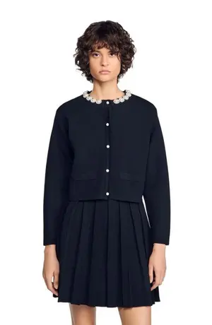 Sandro Cardigan With Pearl Flower Collar