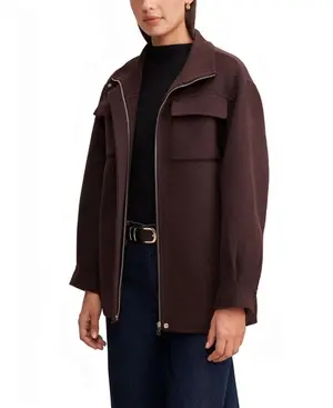 EVER NEW Wren Belted Shacket Wool Blend Zip Front With Chest Patch Pockets - Chocolate