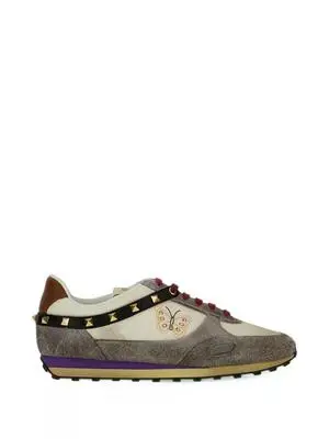 Valentino Garavani Stud Up Sneakers In Split Leather And Nylon With Butterfly Embroidery - Neutrals