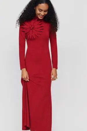 Farm Rio Floral Appliqué Mock Neck Maxi Dress