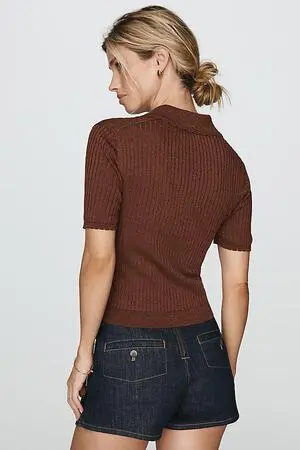 Paige Una Cotton Blend Ribbed V-neck Top