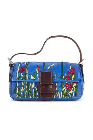 Fendi Vintage Floral Embroidered Baguette Shoulder Bag - Blue