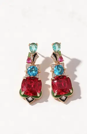 MODENAIRE Gold Tone Crystal Geometric Statement Drop Earrings - Red
