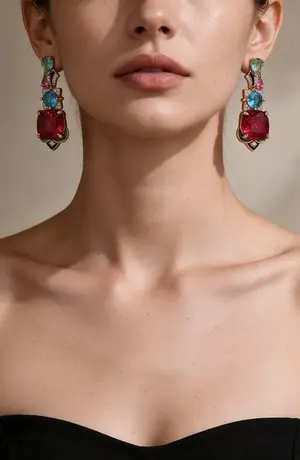 MODENAIRE Gold Tone Crystal Geometric Statement Drop Earrings