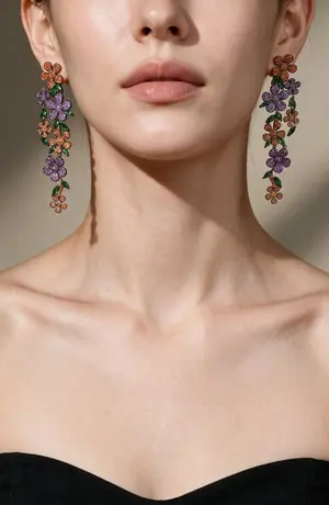 MODENAIRE Crystal Flower Vine Cascading Statement Drop Earrings