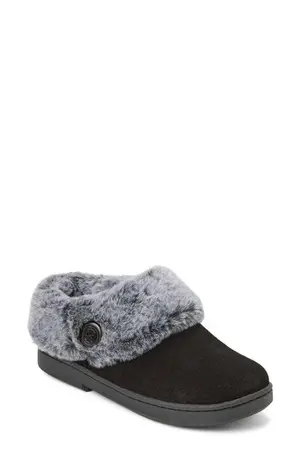 Clarks Suede Clog With Tipped Faux Fur Cuff & Button Detail Slippers - Black
