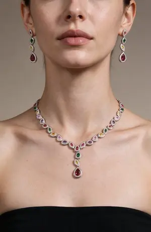 MODENAIRE Crystal Teardrop Necklace And Drop Earring Set