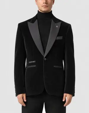 Philipp Plein Velvet Satin Lapel Dinner Blazer - Black