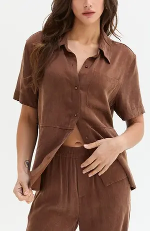 CRESCENT Cupro Short Sleeve Button Up Top