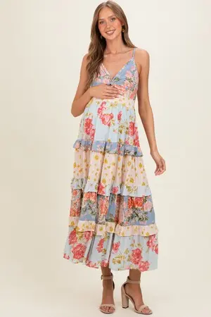 PINKBLUSH V Neck Twist Front Tiered Maxi Dress - Multi