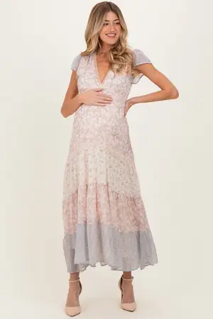 PINKBLUSH Floral Colorblock Tiered Maxi Dress - Multi