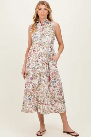 PINKBLUSH Garden Print Sleeveless Shirt Dress