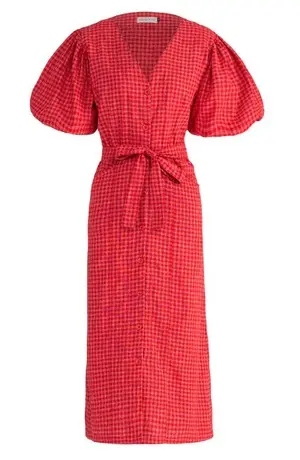 BRUNNA.CO Meghan Gingham Hemp Midi Dress In Scarlet - Red