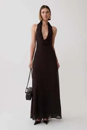 Meshki Floriane Chiffon Halter Maxi Dress - Brown