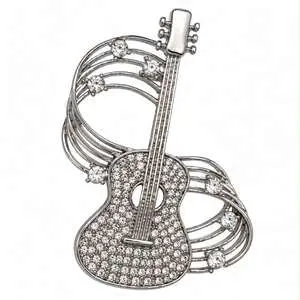  By Ozge Soulful Melody Crystal Guitar Plated Brass Statement Brooch - Silver