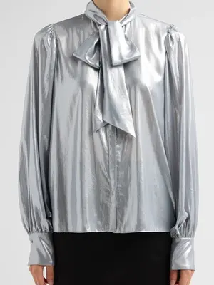 Ramy Brook Noa Metallic Semi-sheer Tieneck Blouse