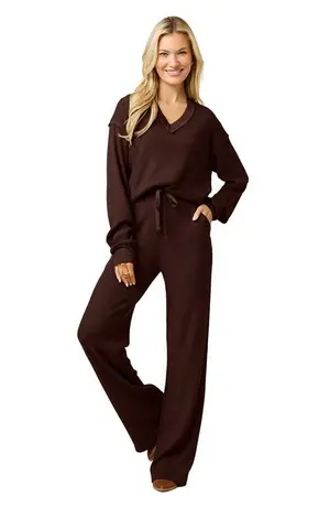 SOFTIES Airthermal Knit V-neck With Long Pant Espresso