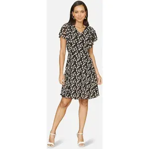 YUMI Leaf Print Mesh Stretch Skater Dress - Black
