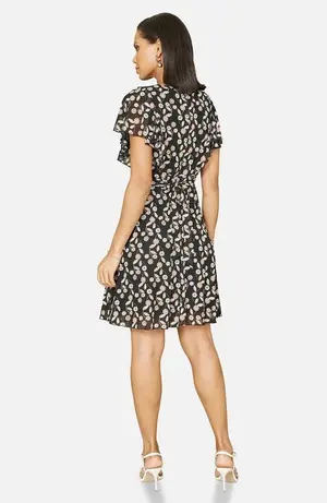 YUMI Leaf Print Mesh Stretch Skater Dress