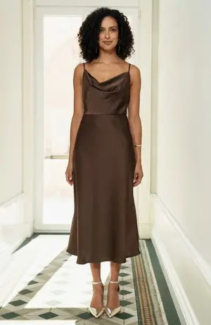 YUMI Satin Cowl Neck Midi Slip Dress