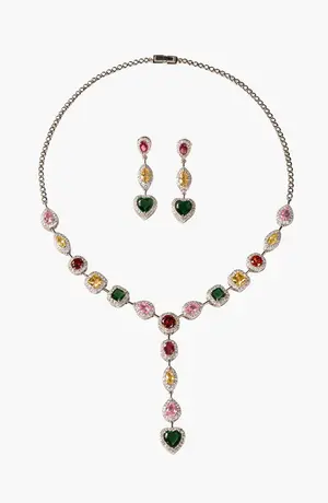 MODENAIRE Crystal Heart Drop Necklace And Matching Dangle Earring Set - Silver
