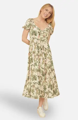 YUMI Palm Print Ruched Midi Dress