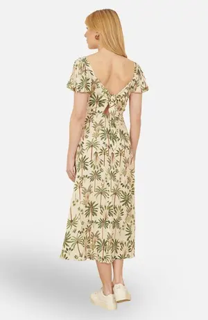 YUMI Palm Print Ruched Midi Dress
