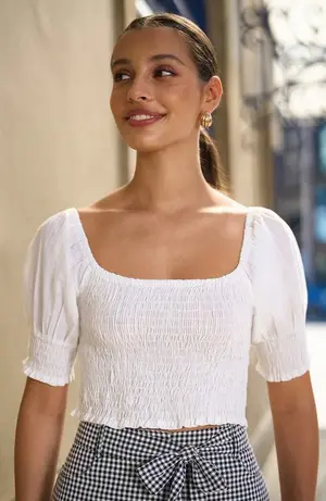 YUMI Cotton Shirring Puff Sleeve Top