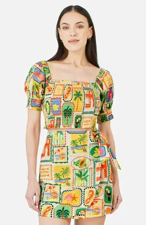 YUMI Cropped Shirred Postcard Print Top