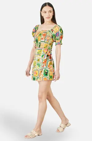 YUMI Cropped Shirred Postcard Print Top