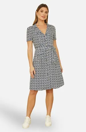 YUMI Geo Print Retro Style Shirt Dress - Navy