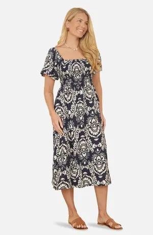 YUMI Print Ruched Midi Dress - Navy