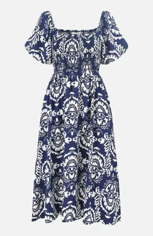YUMI Print Ruched Midi Dress