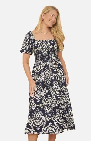 YUMI Print Ruched Midi Dress