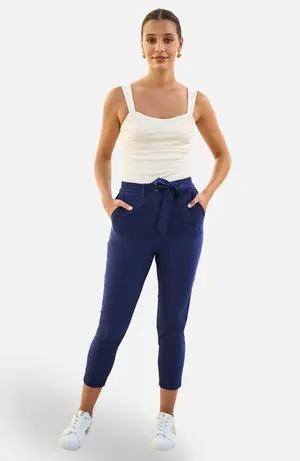 YUMI Stretch Tie-waist Capri Cropped Pants
