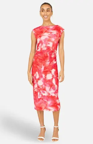 YUMI Mesh Ruched Bodycon Midi Dress