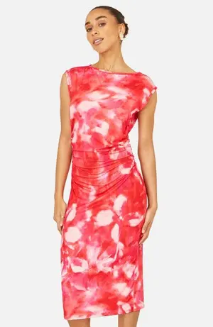 YUMI Mesh Ruched Bodycon Midi Dress
