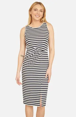 YUMI Striped Jersey Ruched Midi Dress