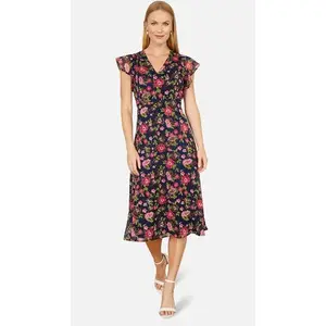YUMI Floral Midi Skater Dress - Navy