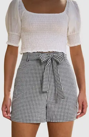 YUMI Cotton Gingham Tie Belt Shorts - Black
