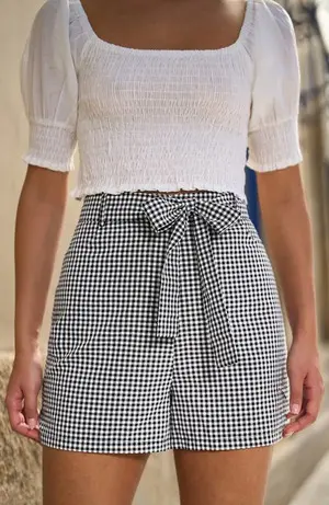 YUMI Cotton Gingham Tie Belt Shorts